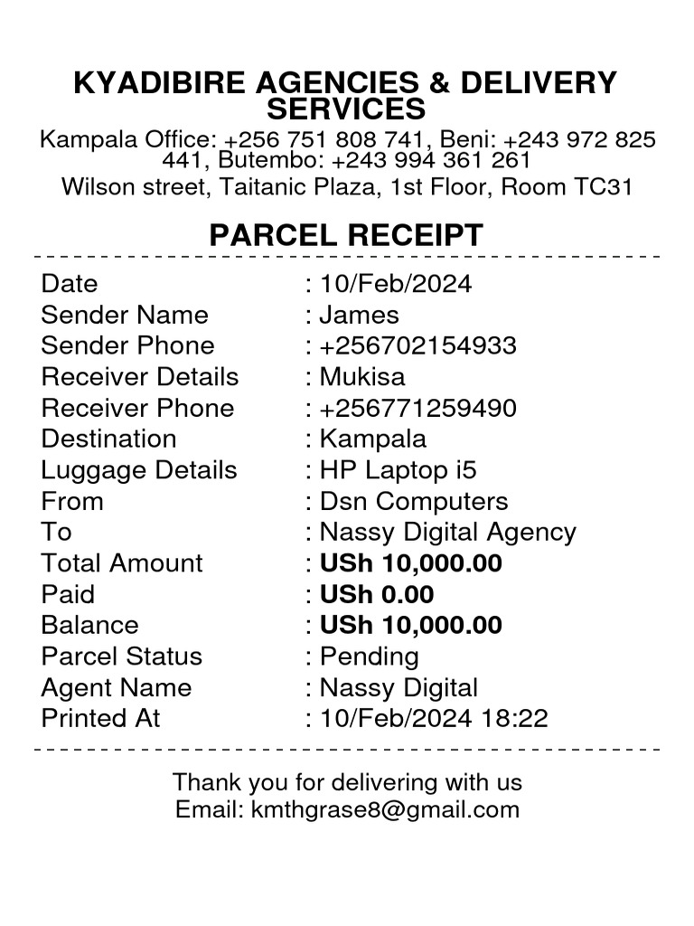 Parcel Receipt# DOK4XLG33LTY3487 | PDF