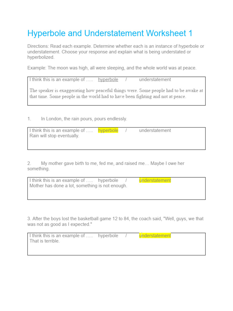 Hyperbole and Understatement Worksheet 1 | PDF