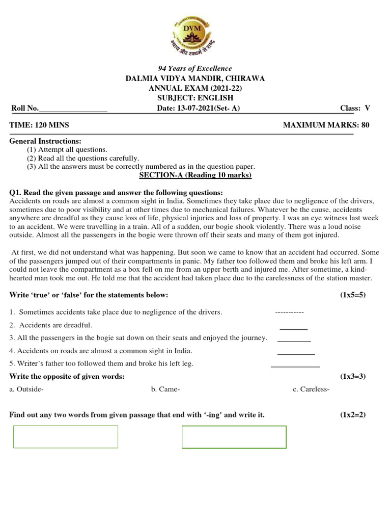 Class - V P.T-1 English Subjective Paper (Set - A) | PDF