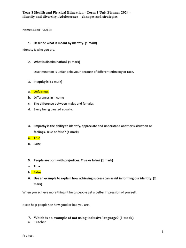 Year 8 Health & PE: Identity & Diversity | PDF | Behavioural Sciences | Psychology