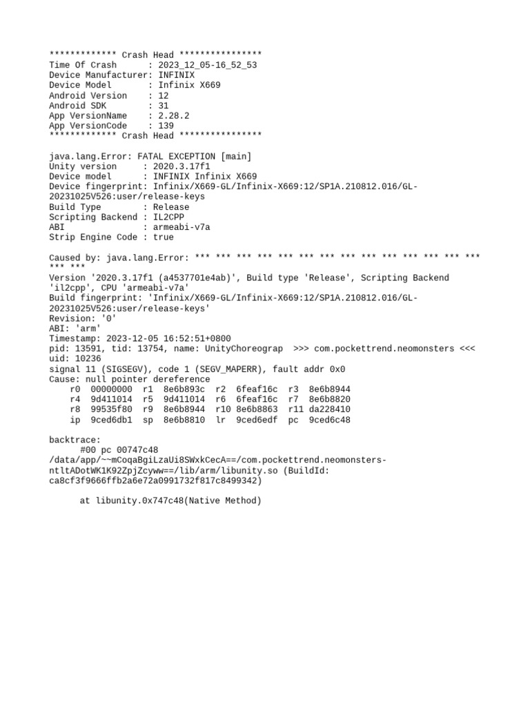 Infinix X669 Unity Crash Report | PDF