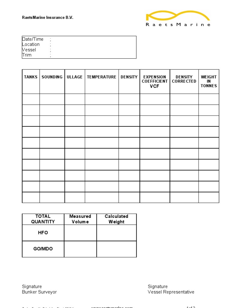 Bunker Quantity Calculation Sheet, 2010.1