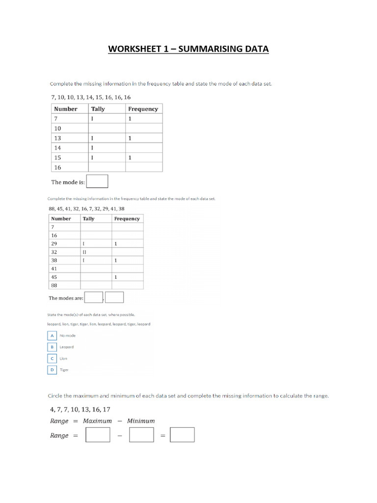 Worksheet 1 - Summarising Data | PDF