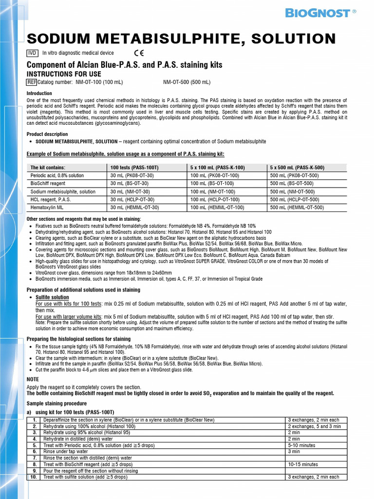 Sodium Metabisulphite Solution Ifu V1 En2 | PDF | Staining | Histology
