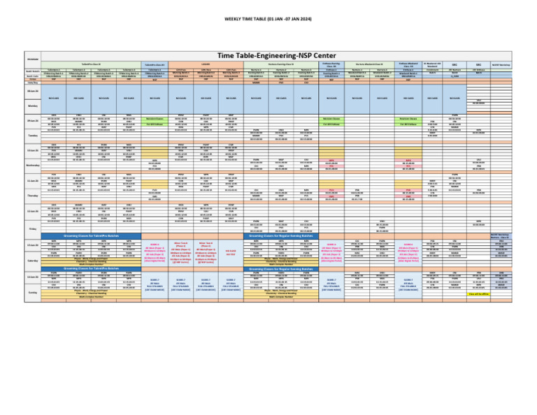 1 NSP Time Table JEE - 080124 To 140124 | PDF | Chemistry | Student ...