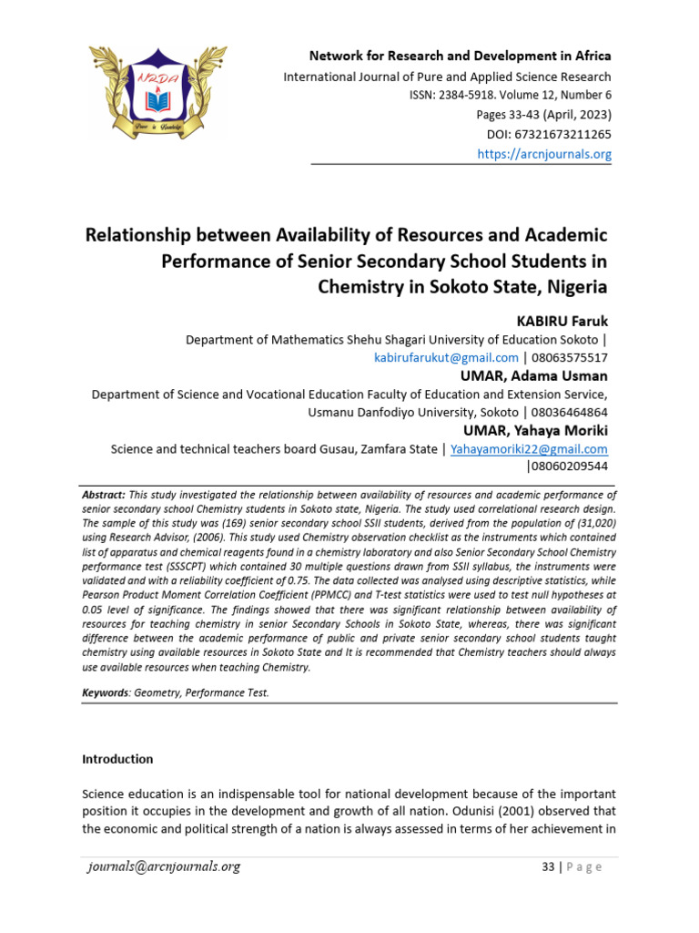 Relationship Between Availability of Resources and Academic | Download ...