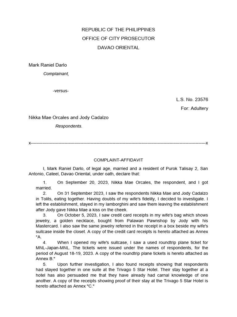 Adultery Affidavit Complaint | PDF | Adultery | Justice