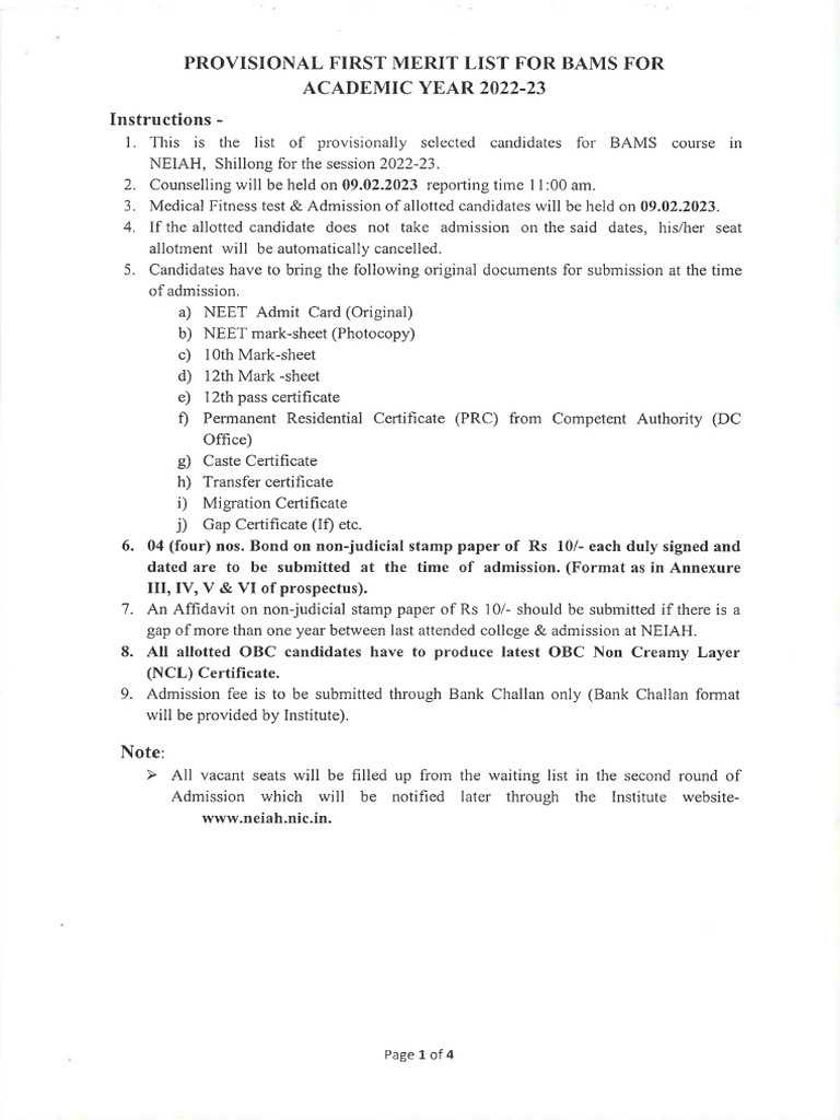 Bams 1st Merit List | PDF