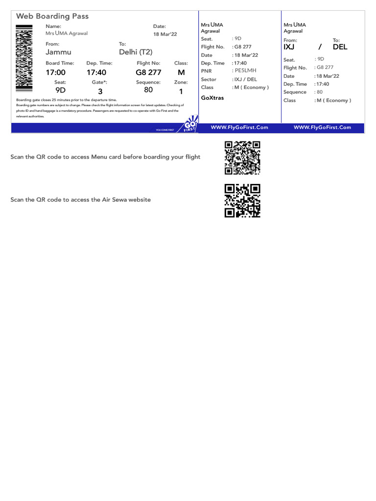 GoFirst - BoardingPass - 18 Mar 2022 Jammu - Delhi For Mrs. Uma Agrawal ...