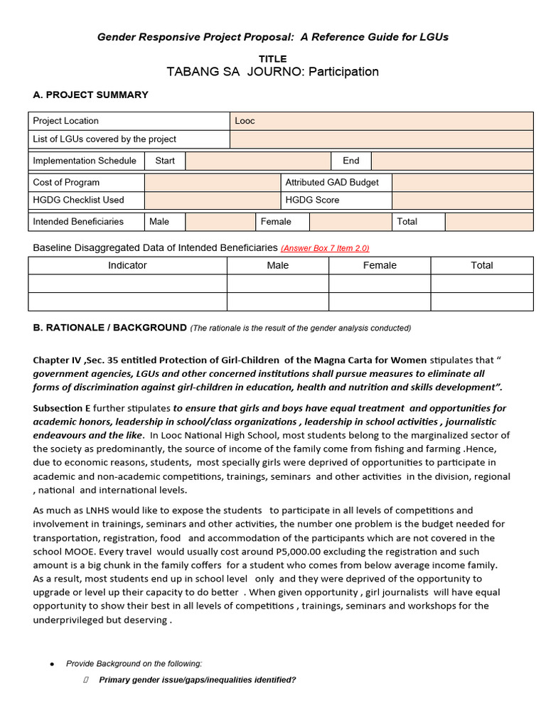 (MMRP) Gender-Responsive Project Proposal Template (1) | PDF | Risk | Social Exclusion