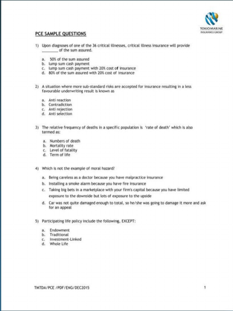 Tokio Marine Insurance Exam Questions | PDF | Insurance | Life Insurance
