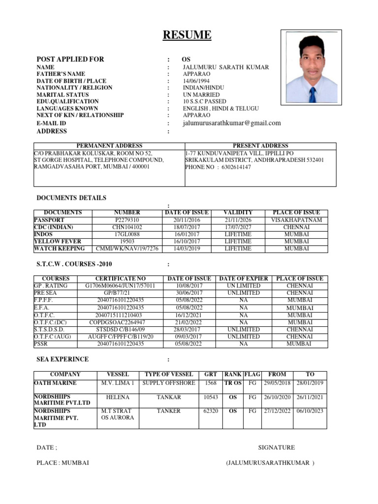 Resume: Post Applied For | PDF