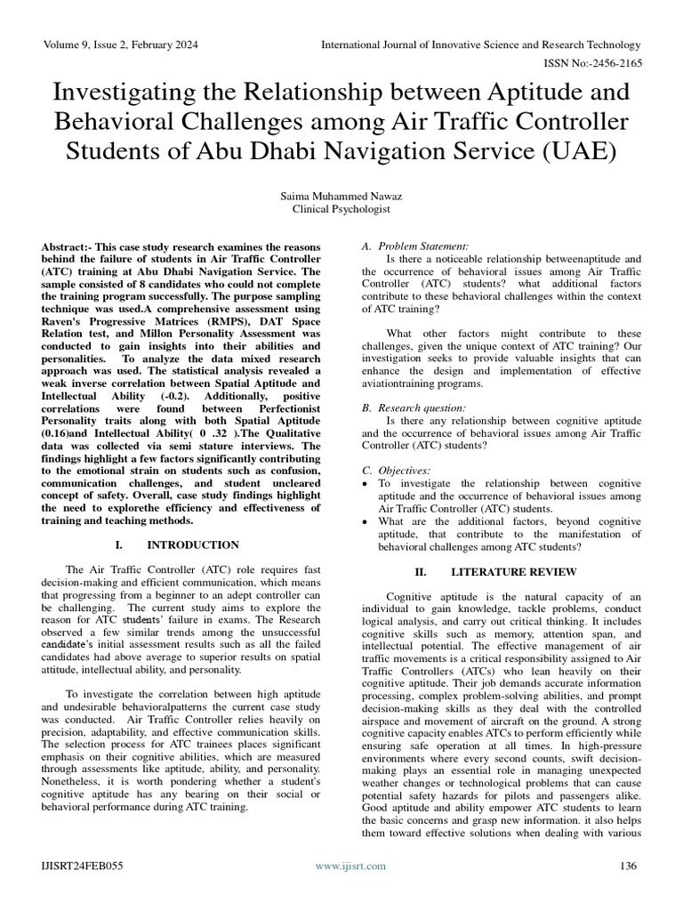 Investigating The Relationship Between Aptitude and Behavioral Challenges Among Air Traffic ...