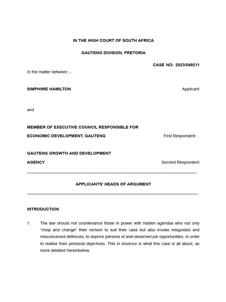 Head of Argument -Simphiwe Hamilton -Mec Gded and Another 131023 | PDF ...