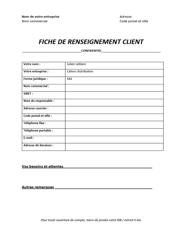 Modele Fiche Renseignement Client Word | PDF