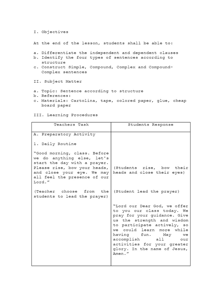 Lesson Pan (Sentence Structure) | PDF | Linguistics | Language Mechanics