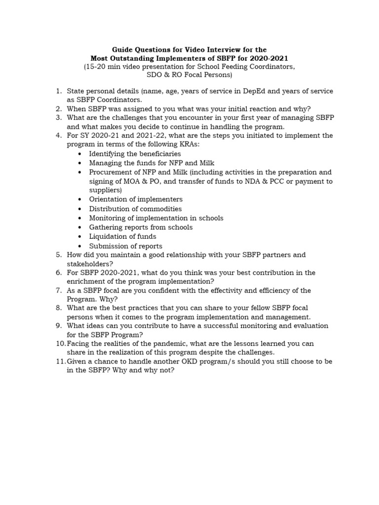 Guide Questions For The SBFP Coordinators 1 | PDF