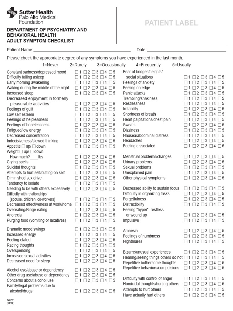 Adult Psychiatric Symptom Checklist | PDF | Anxiety | Substance Abuse