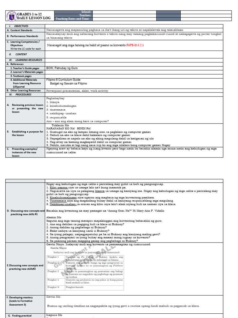 FILIPINO - Q1-W6 Day1 | PDF