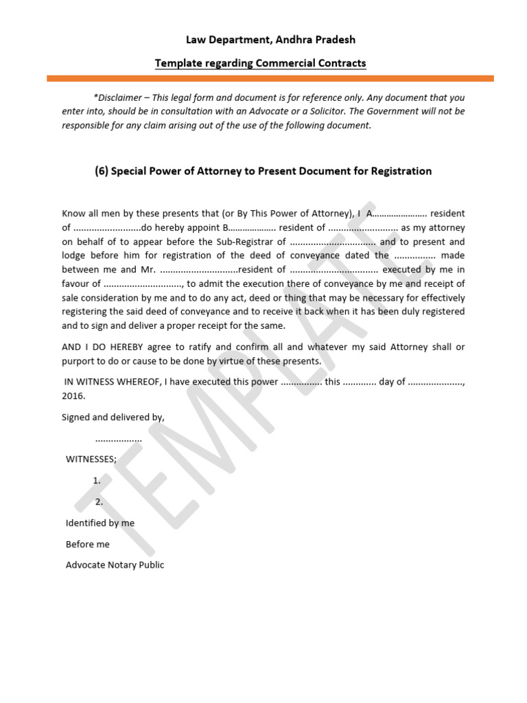 Special Power of Attorney To Present Document For Registration | PDF