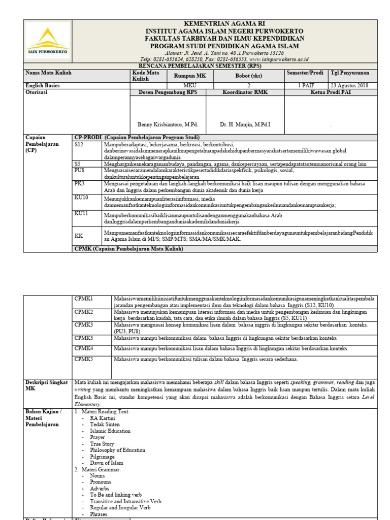 RPS English Basics PAI | PDF | Karier & Perkembangan | Kajian Bahasa Asing