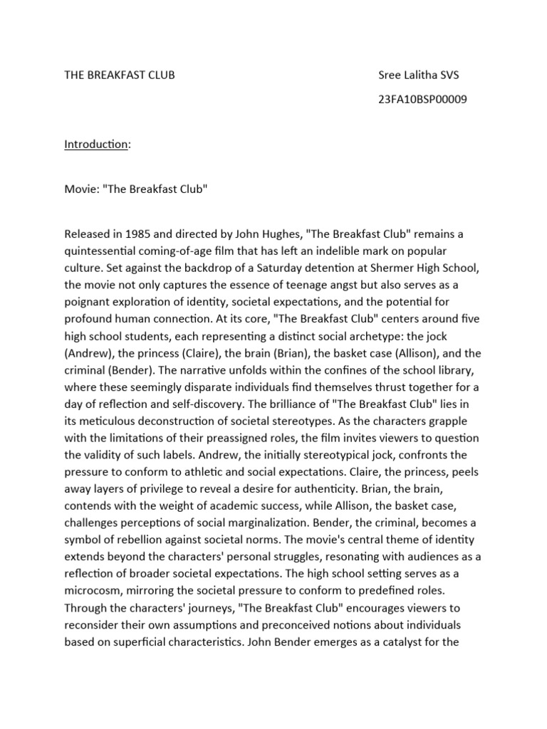 The Breakfast Club SOP | PDF | Empathy | Adolescence