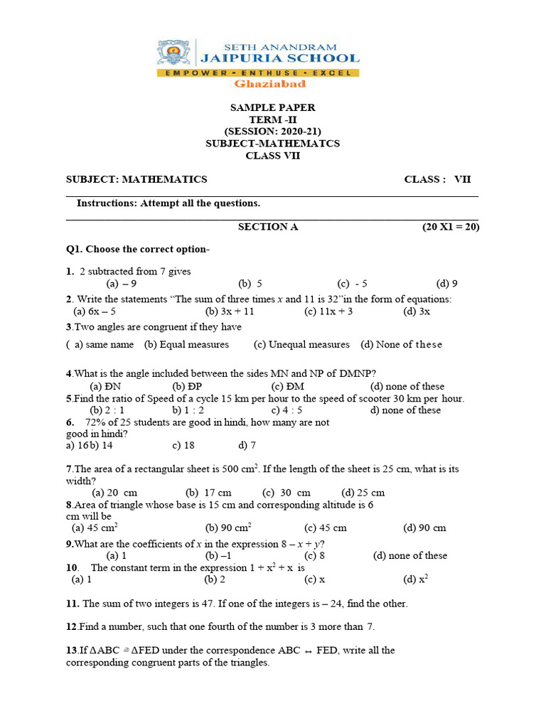 Class VII Math Term II Sample Paper | PDF | Area | Length