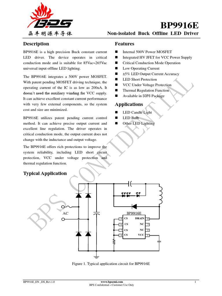 Non-Isolated Buck Offline LED Driver Description Features | PDF | Mosfet | Inductor