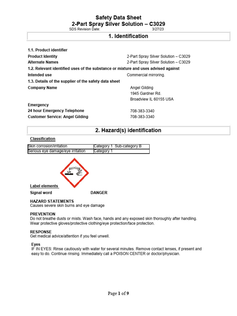 2-Part Spray Silver Solution SDS-C3029 | PDF | Toxicity | Personal ...