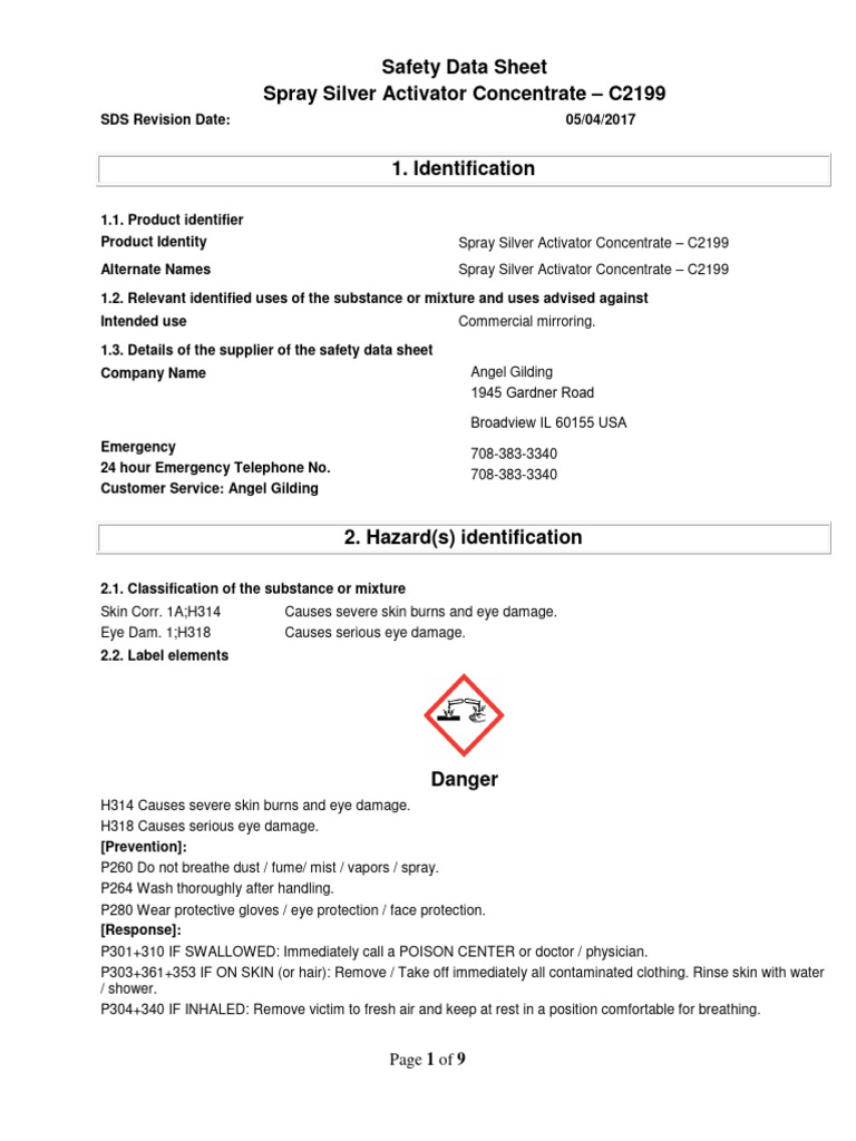 3-Part Spray Silver Activator Concentrate SDS C2199 | PDF | Toxicity ...