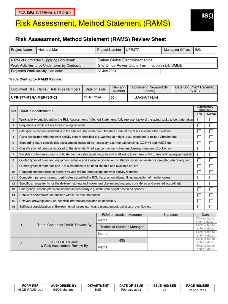 UPR-377-MSRA-MEP-ISG-002 RAMS For Cable Termination in Landlord SMDB | Download Free PDF ...