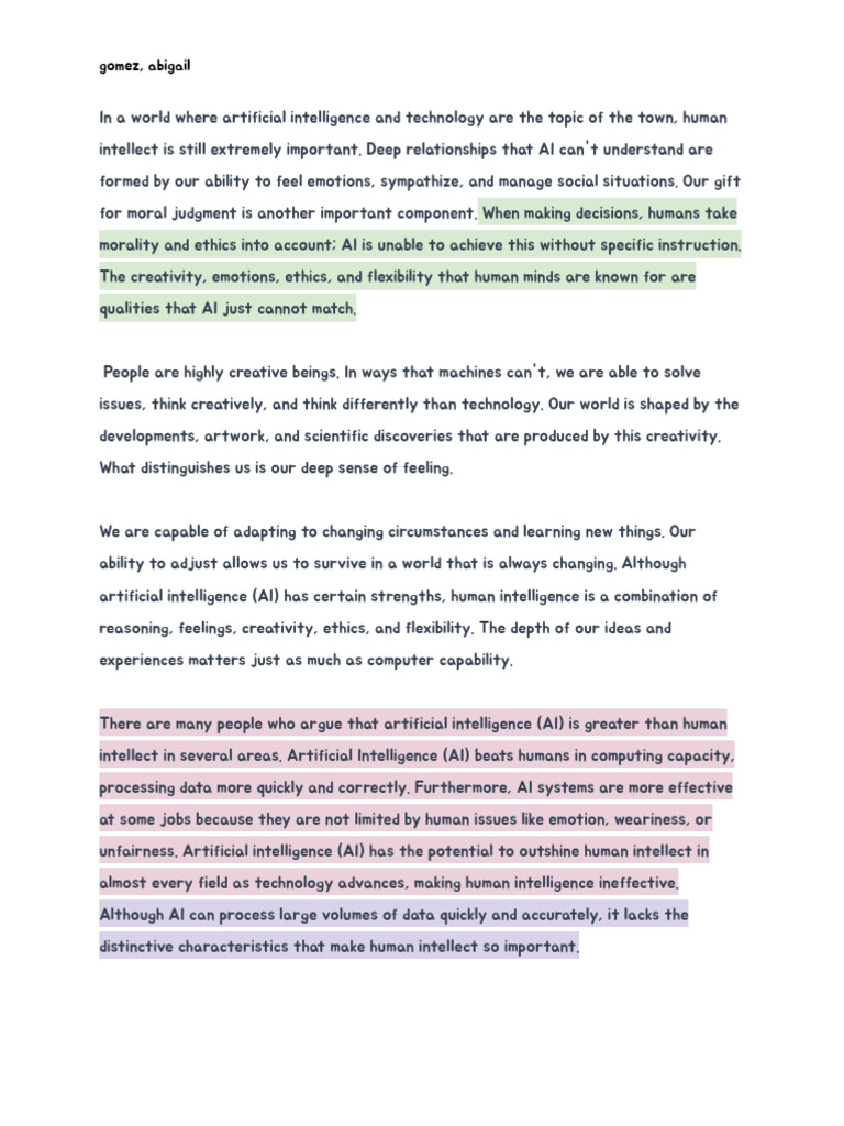 Argumentative Essay - Pro Human Intelligence | PDF | Computers | Career ...