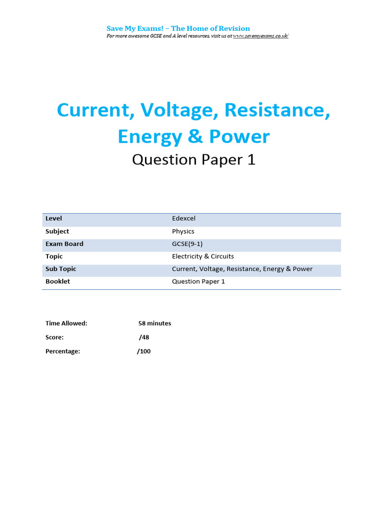 20.1 Current Voltage Resistance Energy - Power QP GSCE Edexcel Physics ...