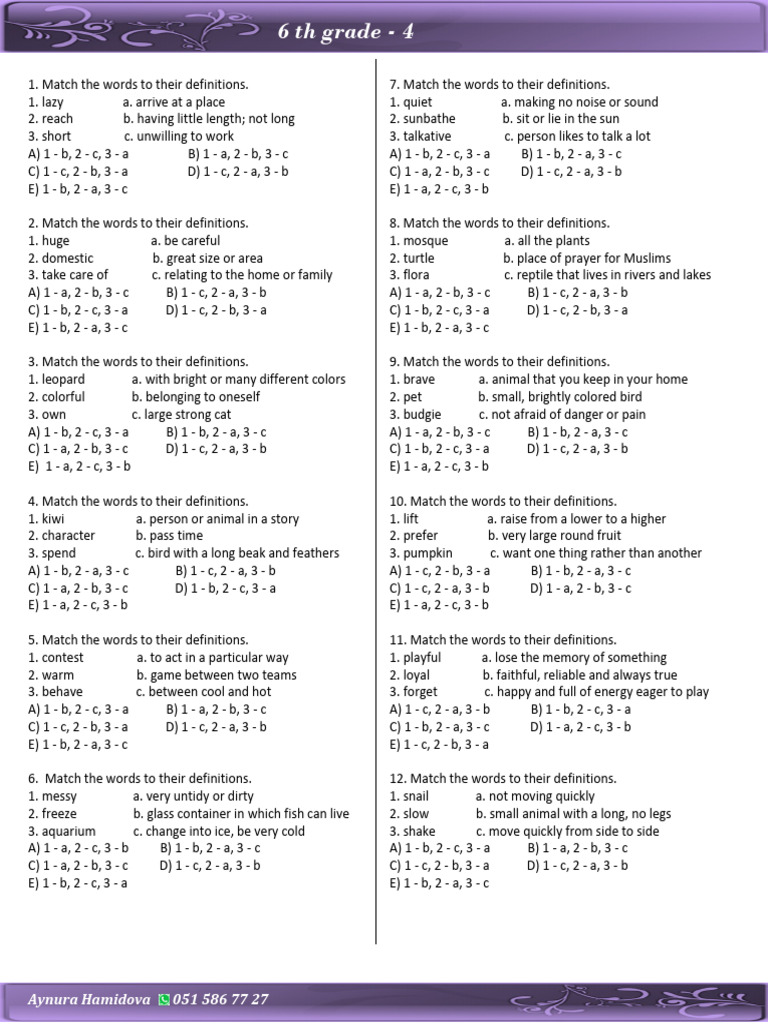 Vocabulary Matching for 6th Graders | PDF | Language Arts & Discipline ...