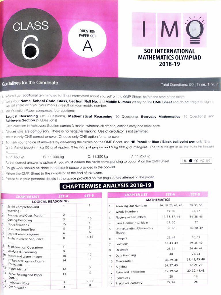 Class 6 Level 1 Imo 2018 Set A | PDF