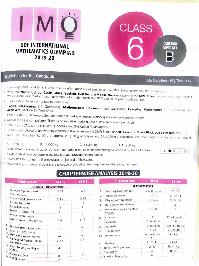 Class 6 Level 1 Imo 2019 Set B | PDF