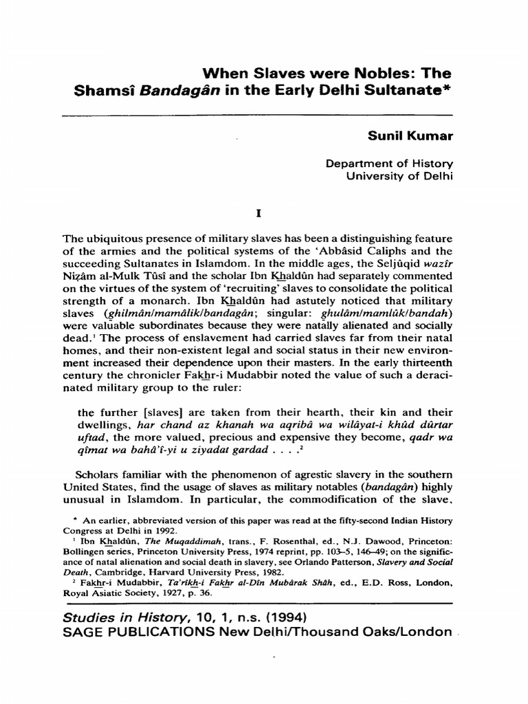 Kumar 1994 When Slaves Were Nobles The Shamsi Bandagan in The Early Delhi Sultan | PDF ...