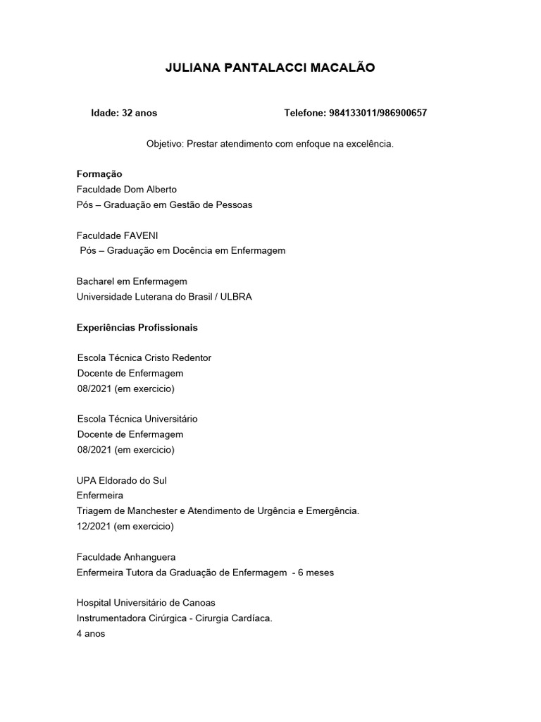CV Juliana - Atualizado 2022 - Enfa | PDF
