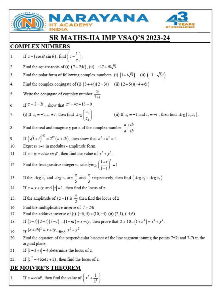 SR Maths-Iia Imp Vsaq's 2023-24 | PDF | Probability Distribution | Complex Number