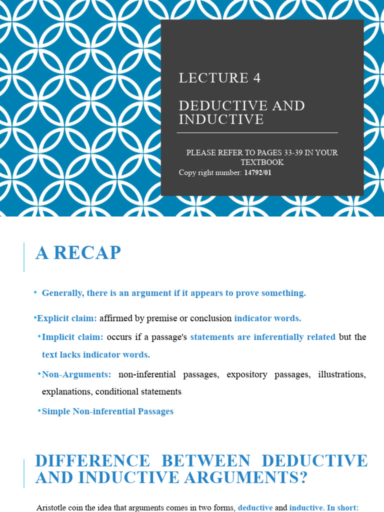 Lecture 4 Deducticve and Inductive Arguments | PDF | Argument | Deductive Reasoning