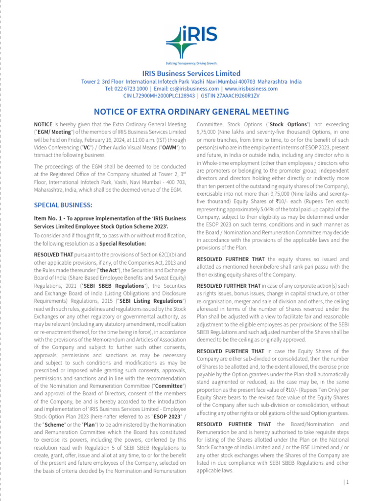 IRIS EGM Notice for ESOP 2023 Approval | PDF | Login | Electronic Voting