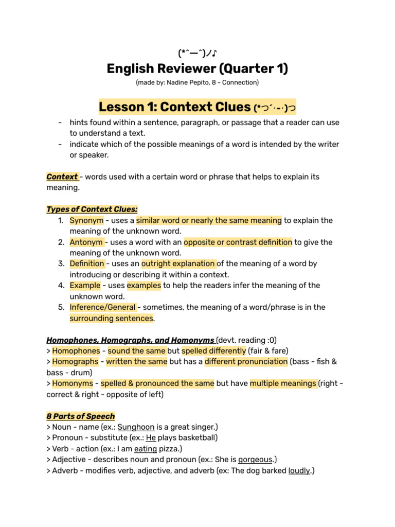 English Reviewer - Q1, G8 | PDF | Adverb | Word