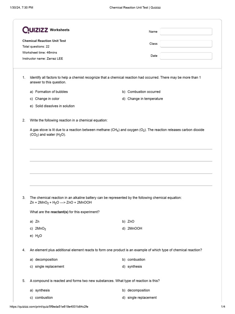 Chemical Reaction Unit Test - Quizizz | PDF | Chemical Reactions ...
