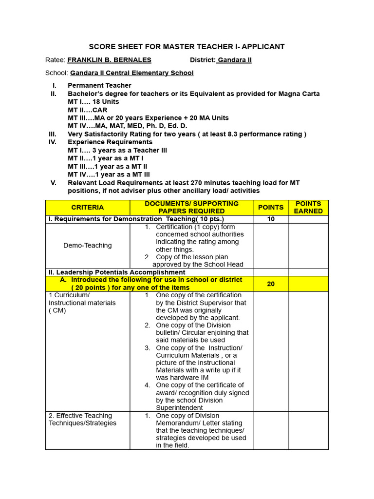Master Teacher I Application Score Sheet | PDF | Teachers