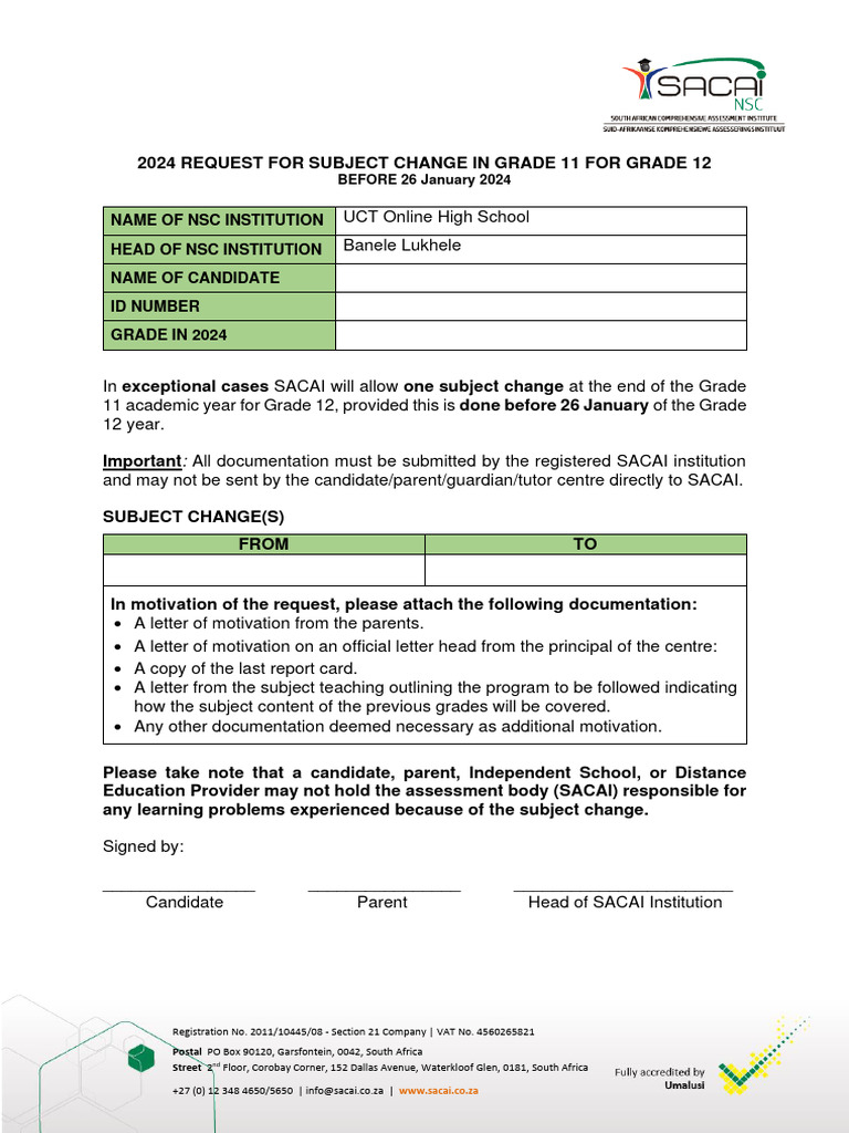Grade 12 Subject Change Request Form | PDF