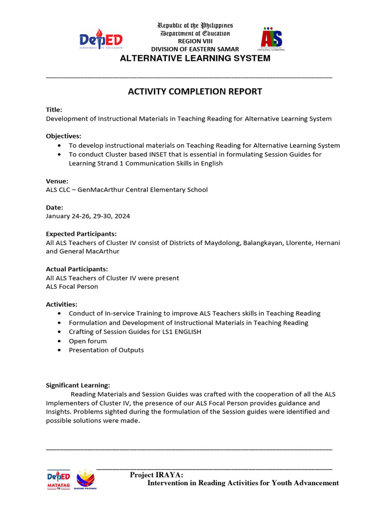 CLUSTER IV INSET Activity Completion Report - Final | PDF | Cognition ...