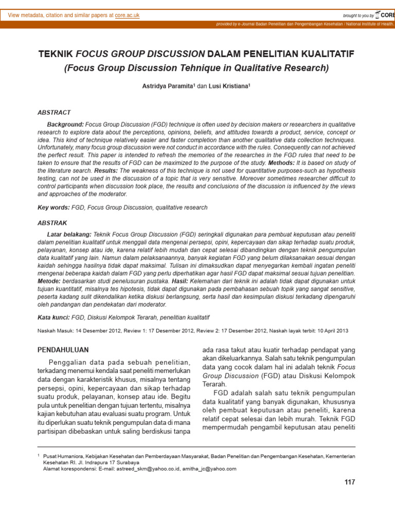 Focus Group Discussion Tehnique in Qualitative Research | PDF | Qualitative Research | Focus Group