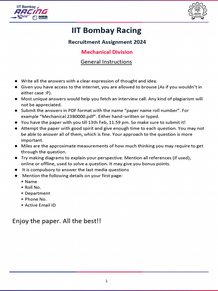 Recruitment Paper - Mechanical | PDF | Brake | Bearing (Mechanical)