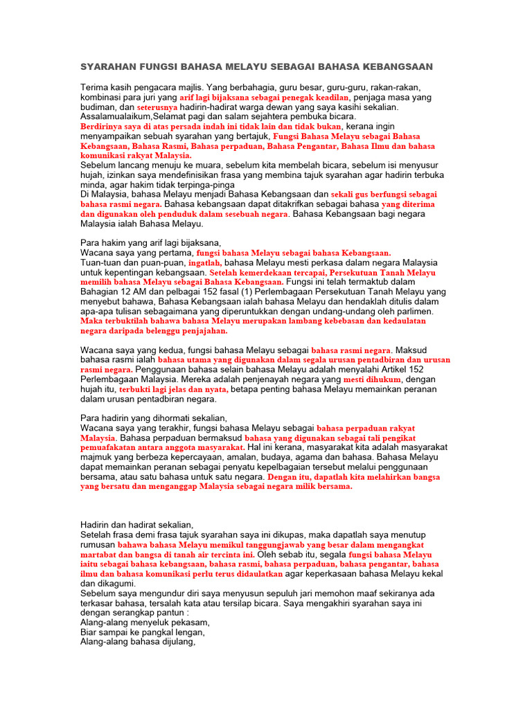 Pidato Fungsi Bahasa Melayu Sebagai Bahasa Kebangs | PDF