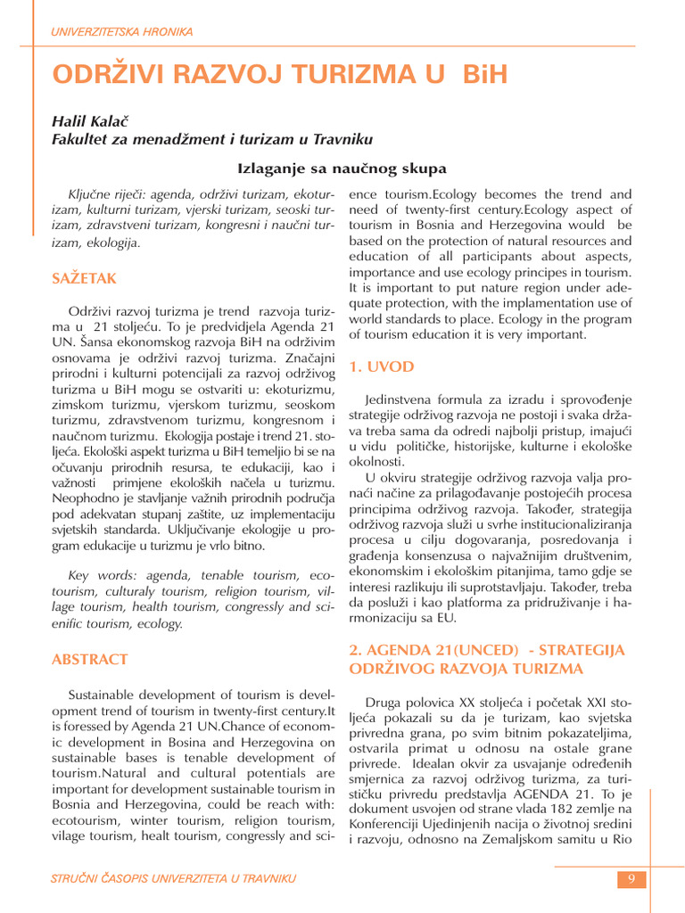 Održivi Razvoj Turizma U Bih: Halil Kalač Fakultet Za Menadžment I Turizam U Travniku | PDF